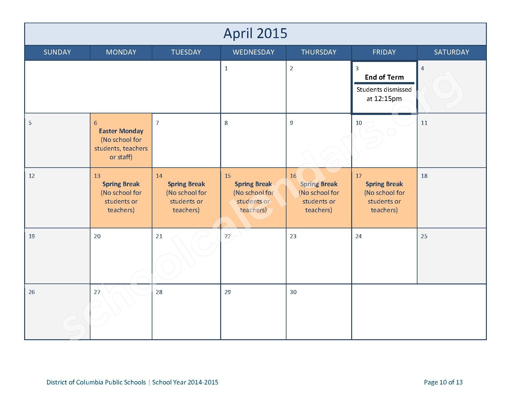 2014 - 2015 Monthly School Calendar – Calendar Detail | SchoolCalendars.org