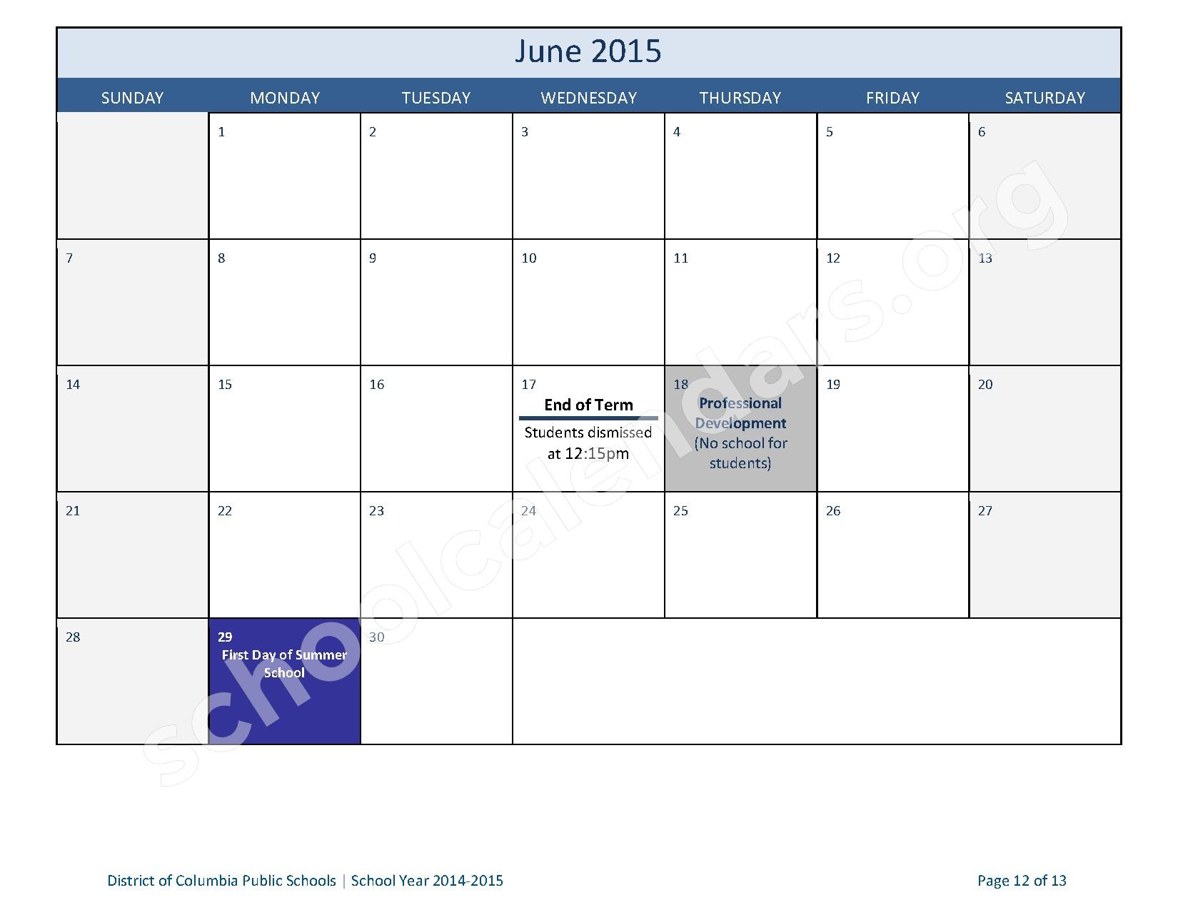 2014 - 2015 Monthly School Calendar – Calendar Detail | SchoolCalendars.org