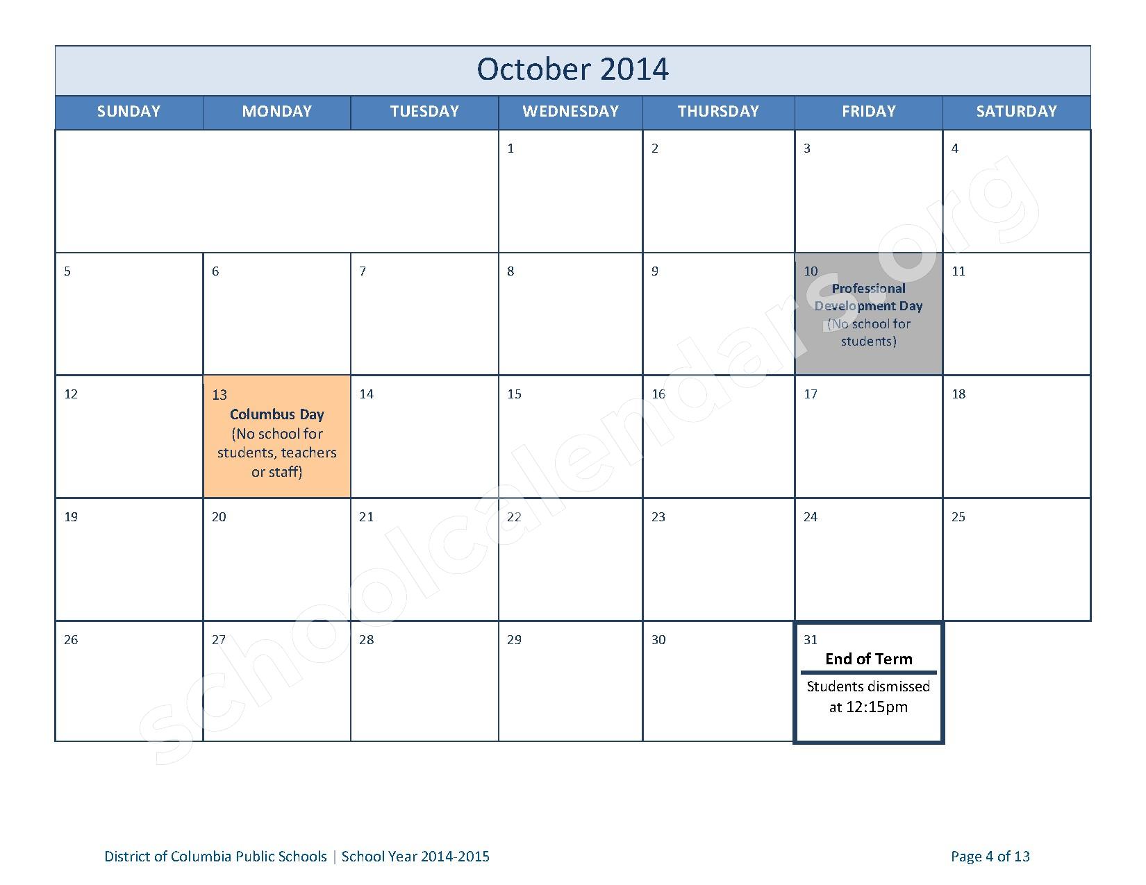 2014 - 2015 Monthly School Calendar – Calendar Detail | SchoolCalendars.org