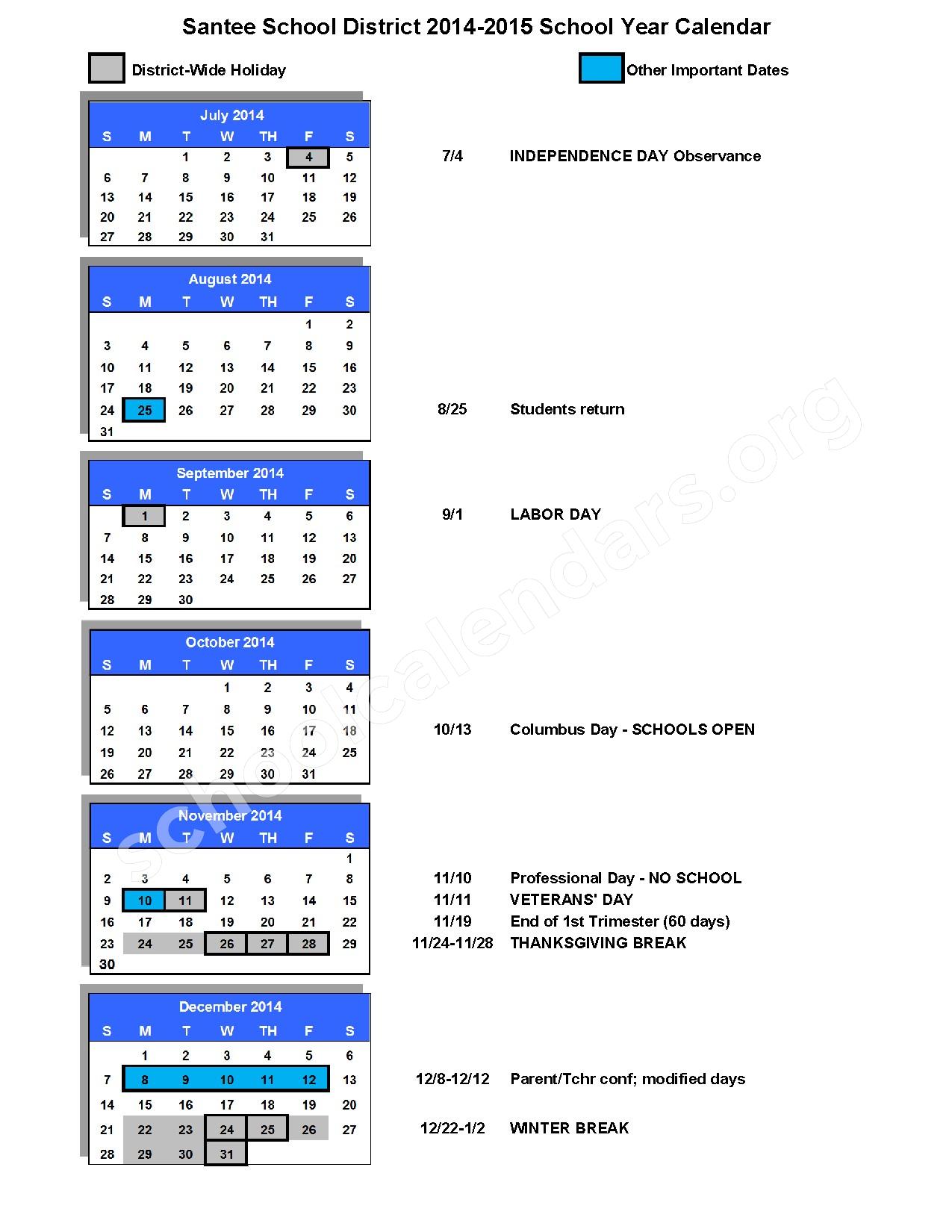 2014 - 2015 Student Calendar – Calendar Detail | SchoolCalendars.org