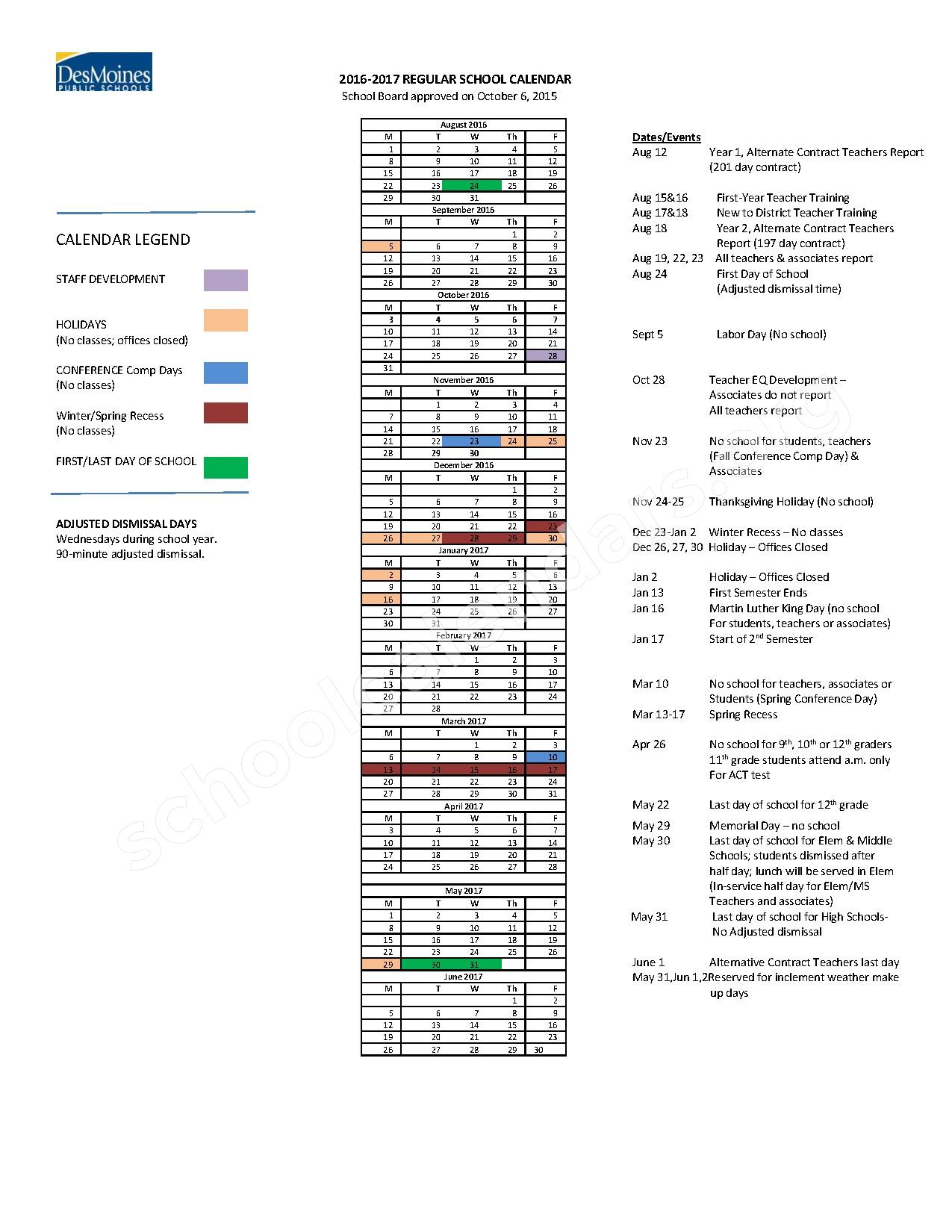 2016 2017 Regular School Calendar Stowe Elementary School Des
