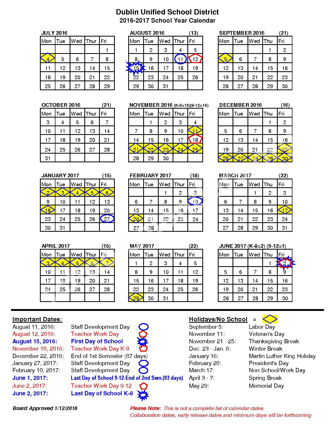 2016 2017 School Calendar Wells Middle School Dublin CA 2016 2017 School Calendar Wells Middle School Dublin CA
